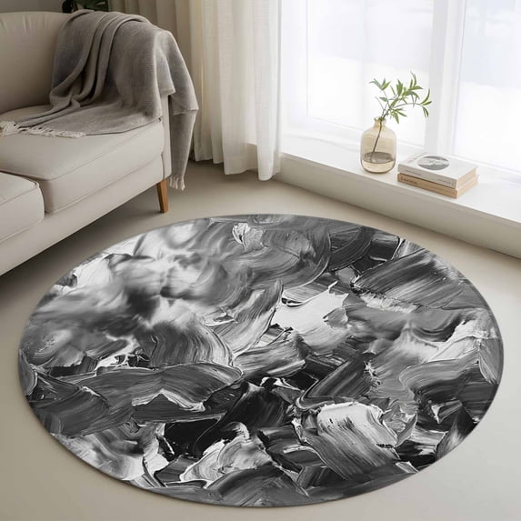 Black Gray 4FT Round Area Rugs Abstract Modern Polypropylene Pigment ...