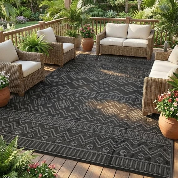 Black/Gray 8x10 Outdoor Waterproof Reversible Rug, Plastic Straw RV Mat ...