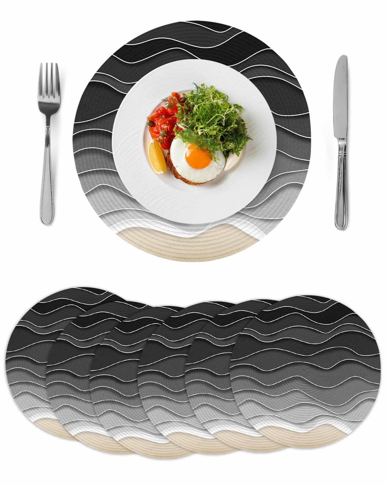 Black Gray Beach Coastal Round Table Placemats set of 6, Abstract Ocean ...