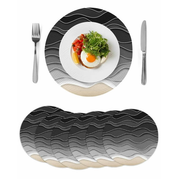 Black Gray Beach Coastal Round Table Placemats set of 6, Abstract Ocean ...