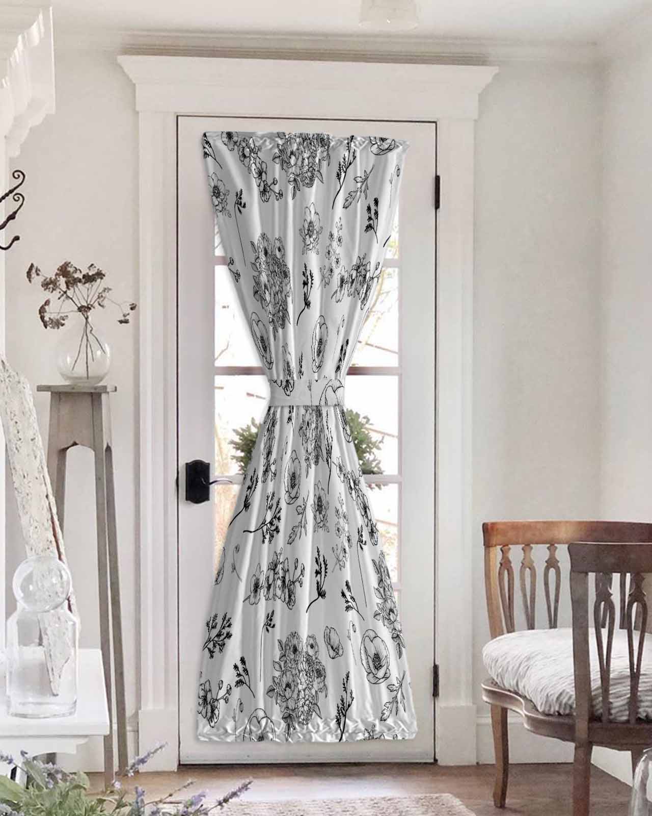 Black Gray Botanical Door Curtains for Doorway Privacy, Blackout French ...