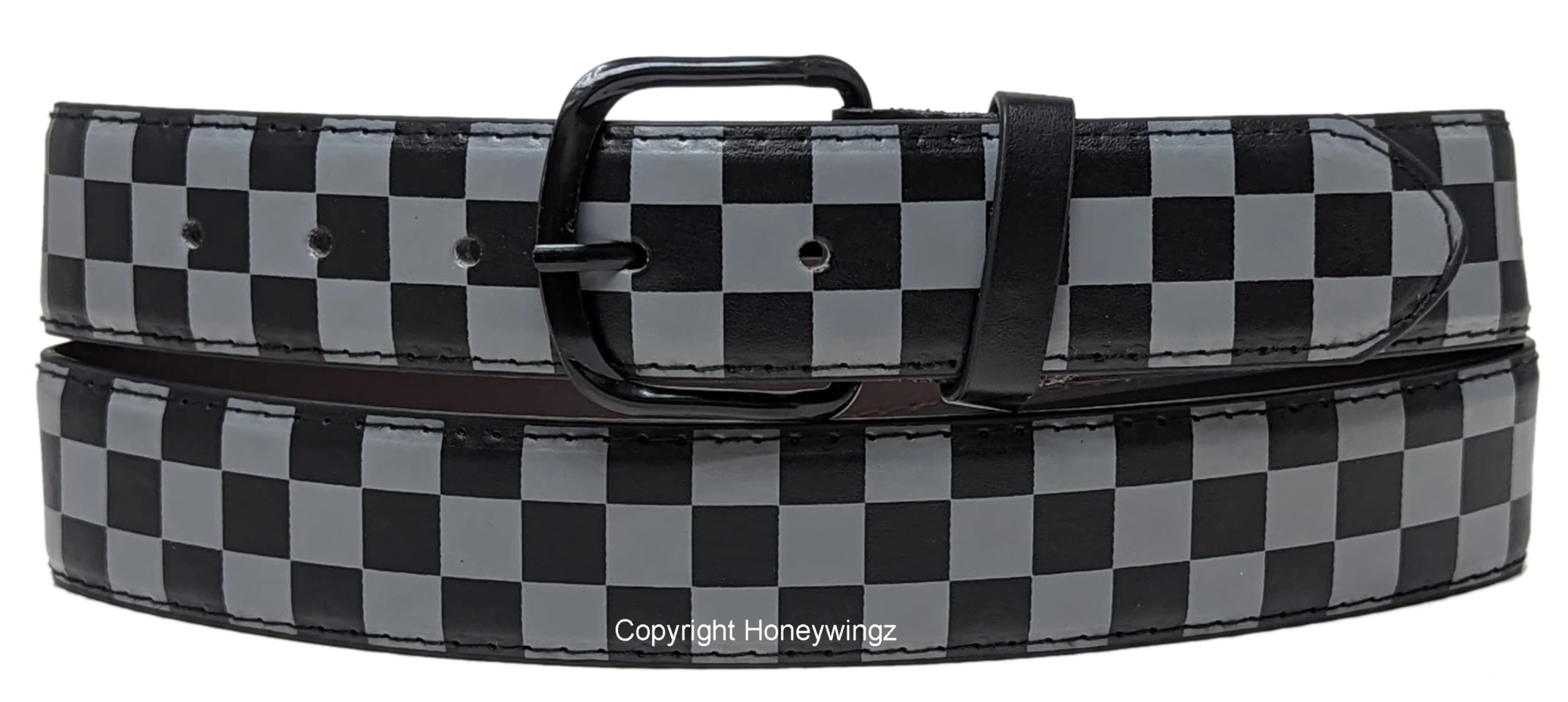 Unisex Black Gray Checker Flag Bonded Leather Racing Style Belt with ...