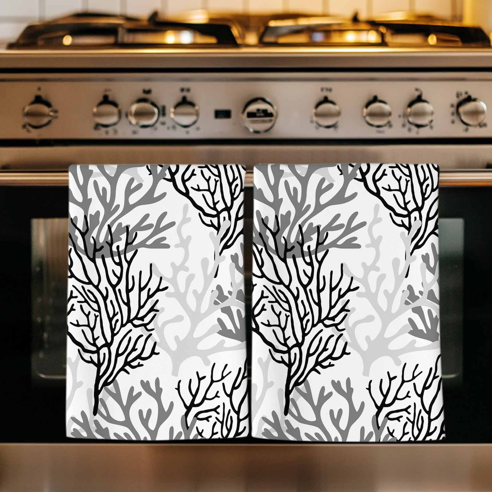 Black Gray Coral Coastal Kitchen Towels Set of 2, Summer Beach Seaside ...