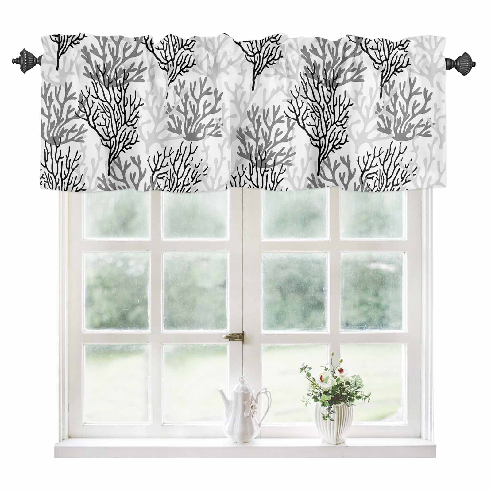 Black Gray Coral Coastal Kitchen Valances for Windows 42x12 Inch ...