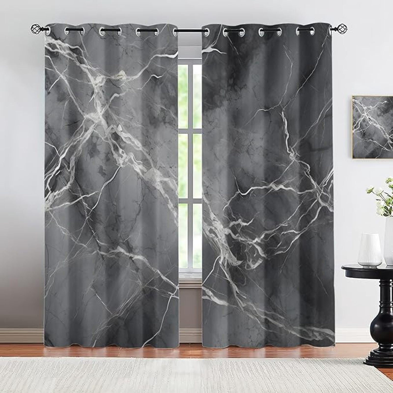 Black Gray Curtains, Distressed 3D Marble Blackout Curtains, Modern ...