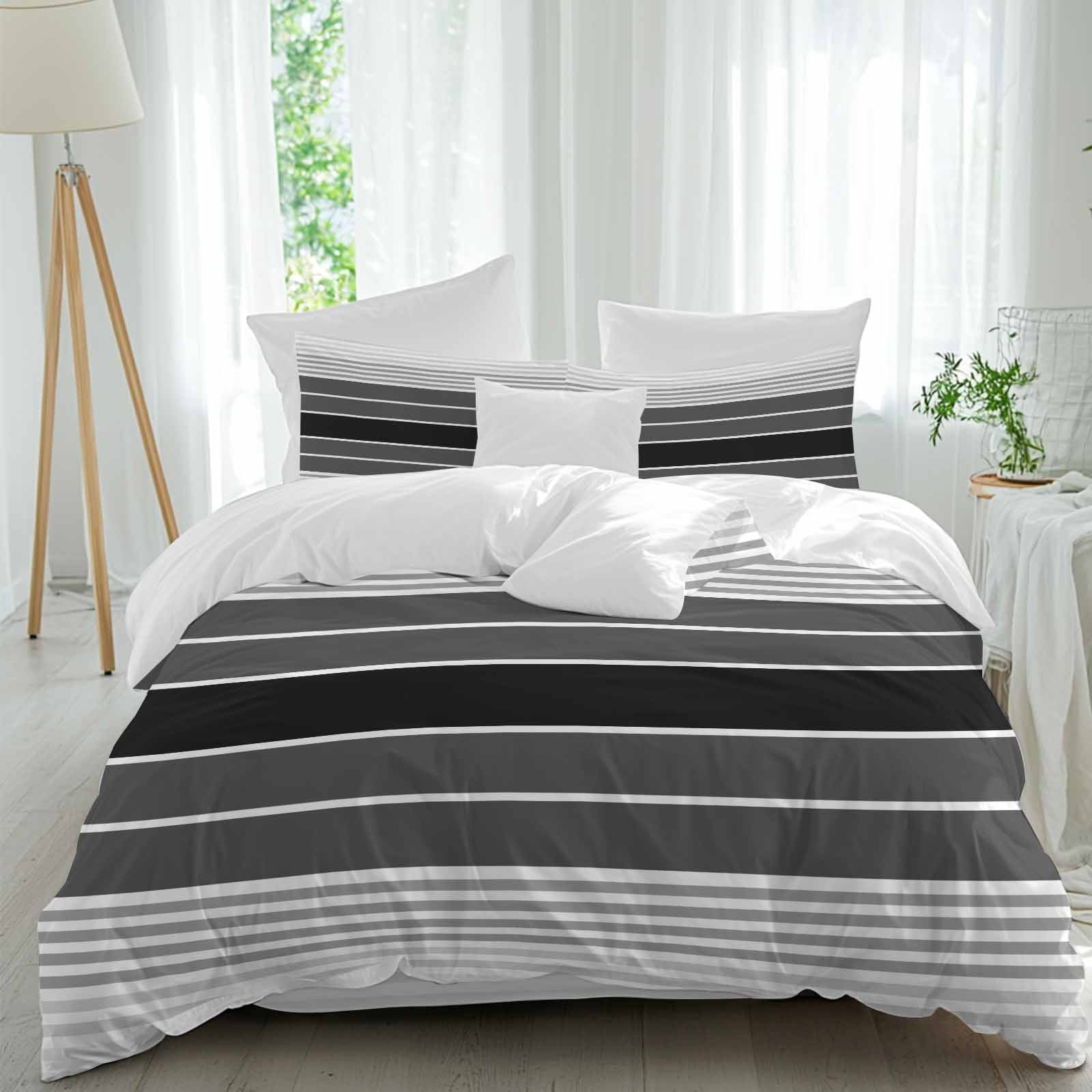 Black Gray Duvet Cover Set Twin Size, Gradient Stripe Minimalist Ombre Modern Art 4 Piece Soft ...