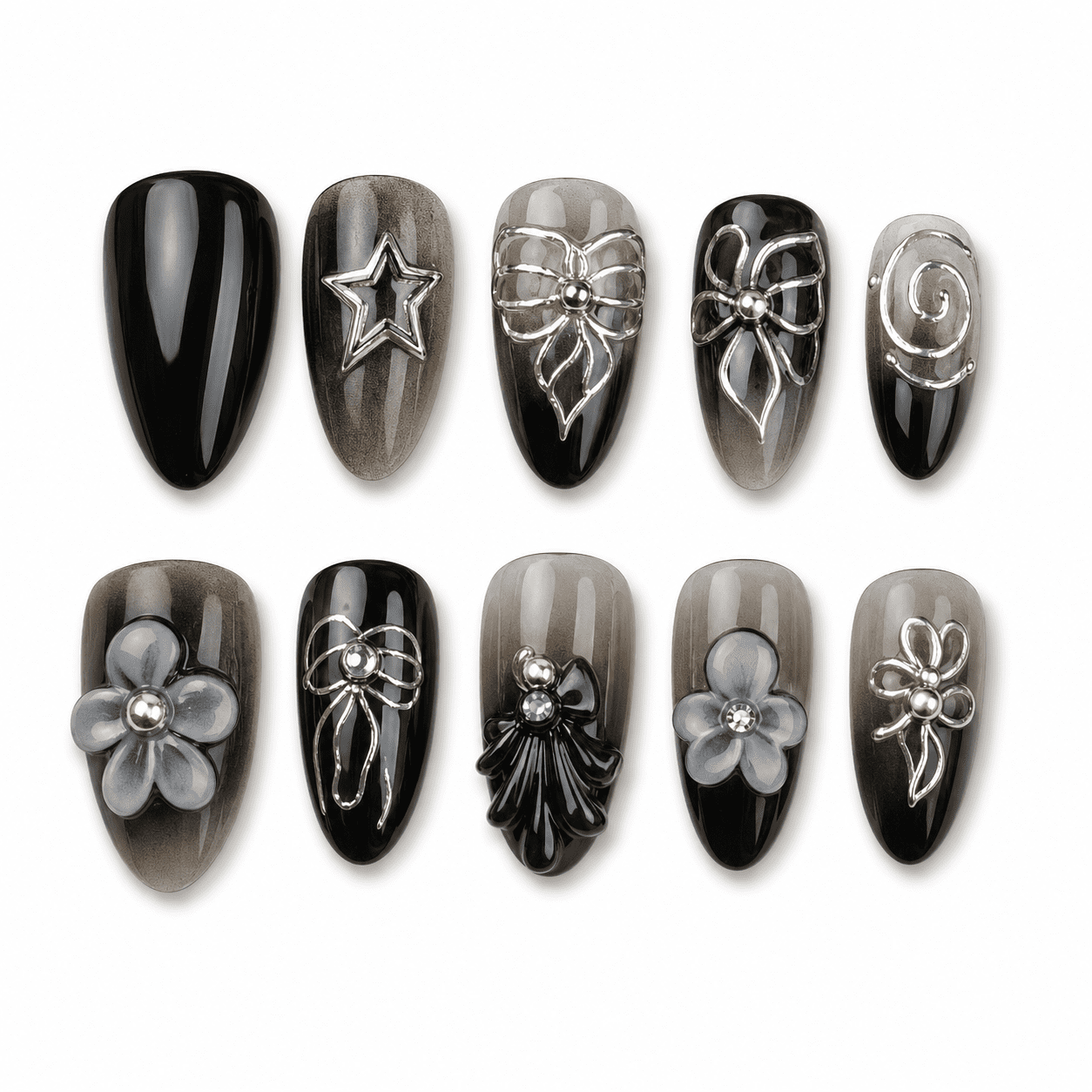 Black Gray Floral Press on Nails, Short Almond Glossy Fake Nails with ...
