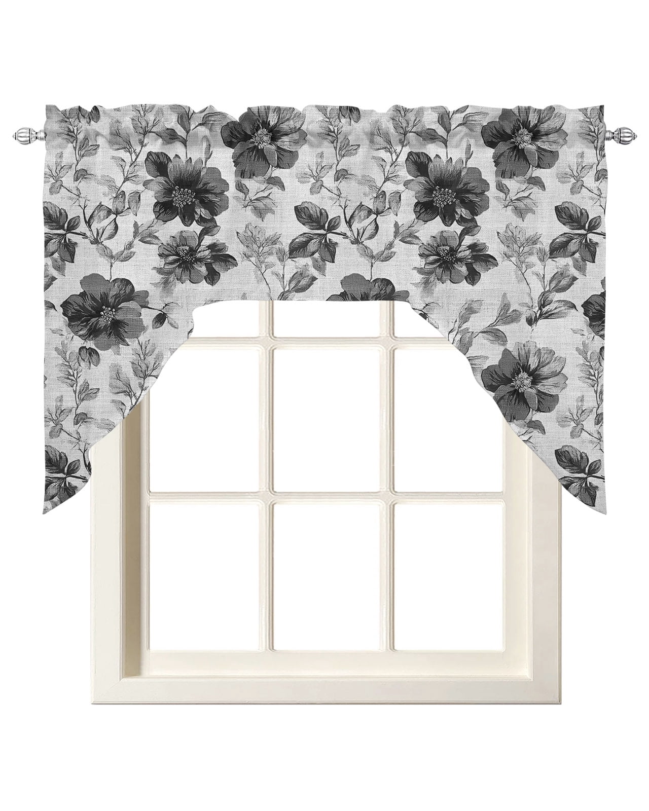 Black Gray Florals Swag Valances for Windows, Farmhouse Botanical ...