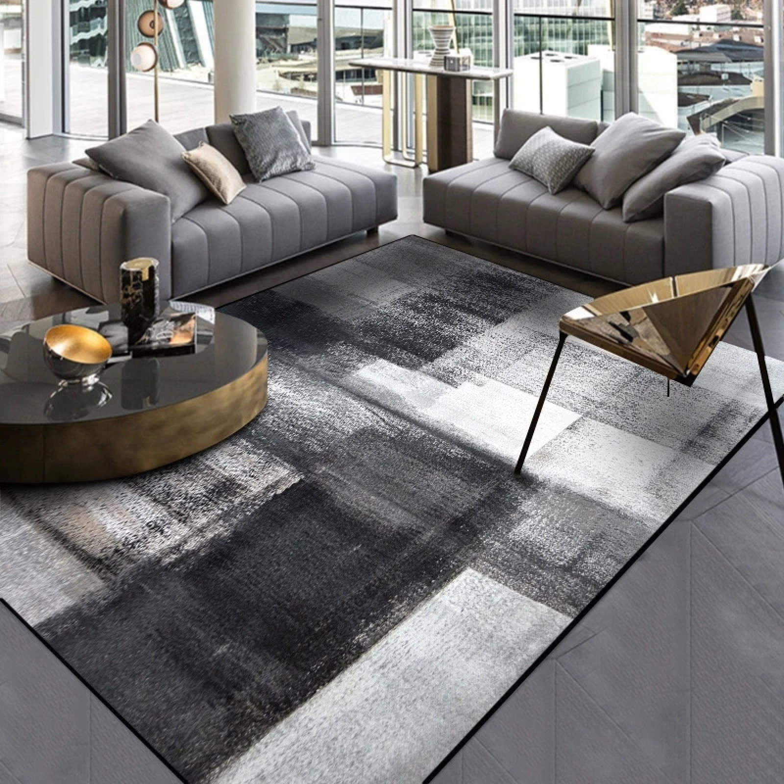 Black Gray Geometric Area Rugs Indoor Non-Slip Rug, Abstract Black Gray ...