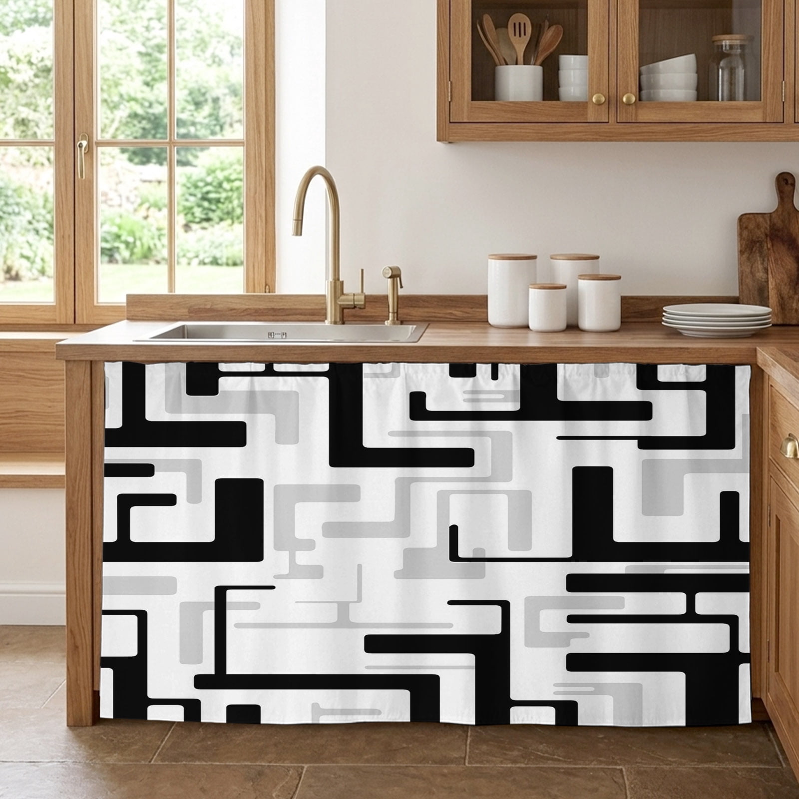 Black Gray Geometric Stripes Cabinet Curtains 32" W x 55" L Modern ...