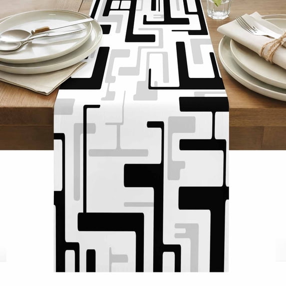 Black Gray Geometric Stripes Cotton Linen Table Runner Modern Abstract ...