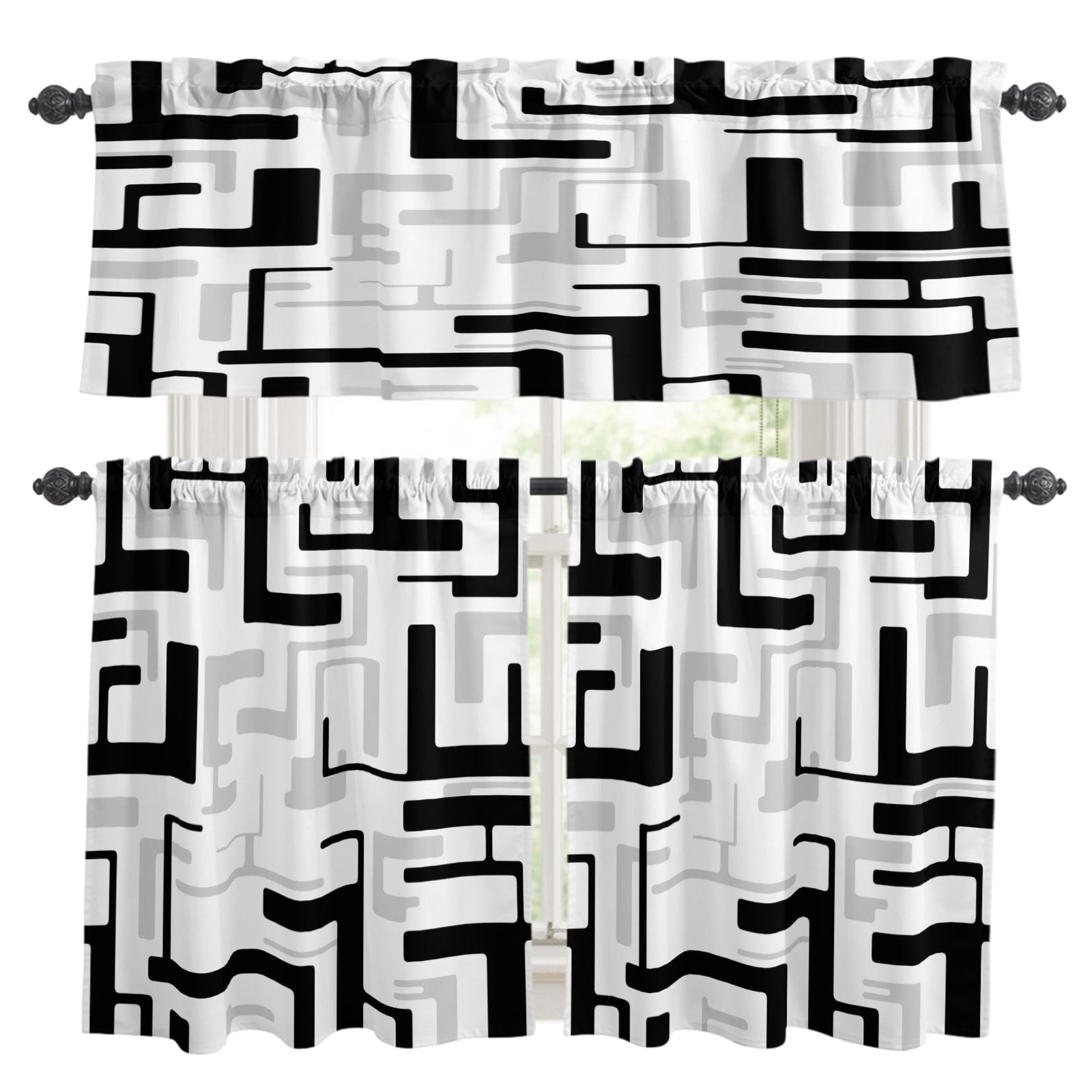 Black Gray Geometric Stripes Kitchen Curtains Set for Windows, Modern ...