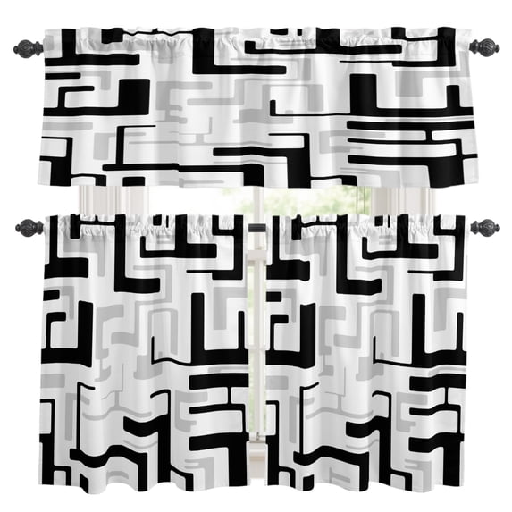 Black Gray Geometric Stripes Kitchen Curtains Set for Windows, Modern ...