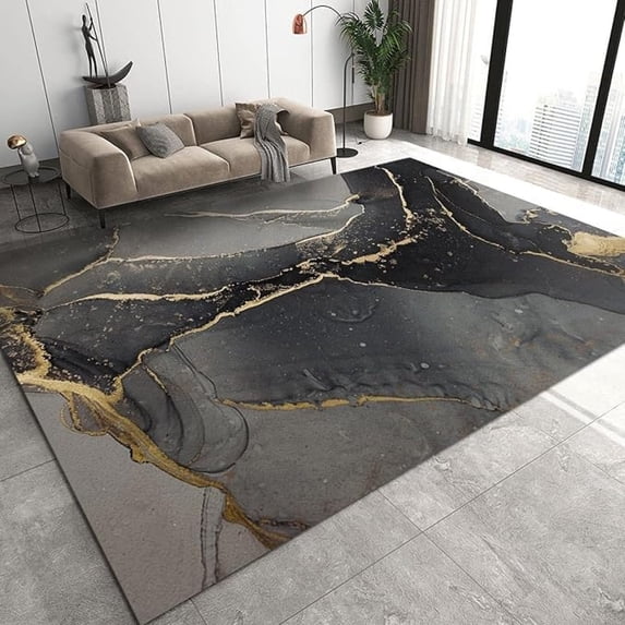 Black Gray Gold Marble Area Rug, Luxurious Geometric Gilt Texture ...