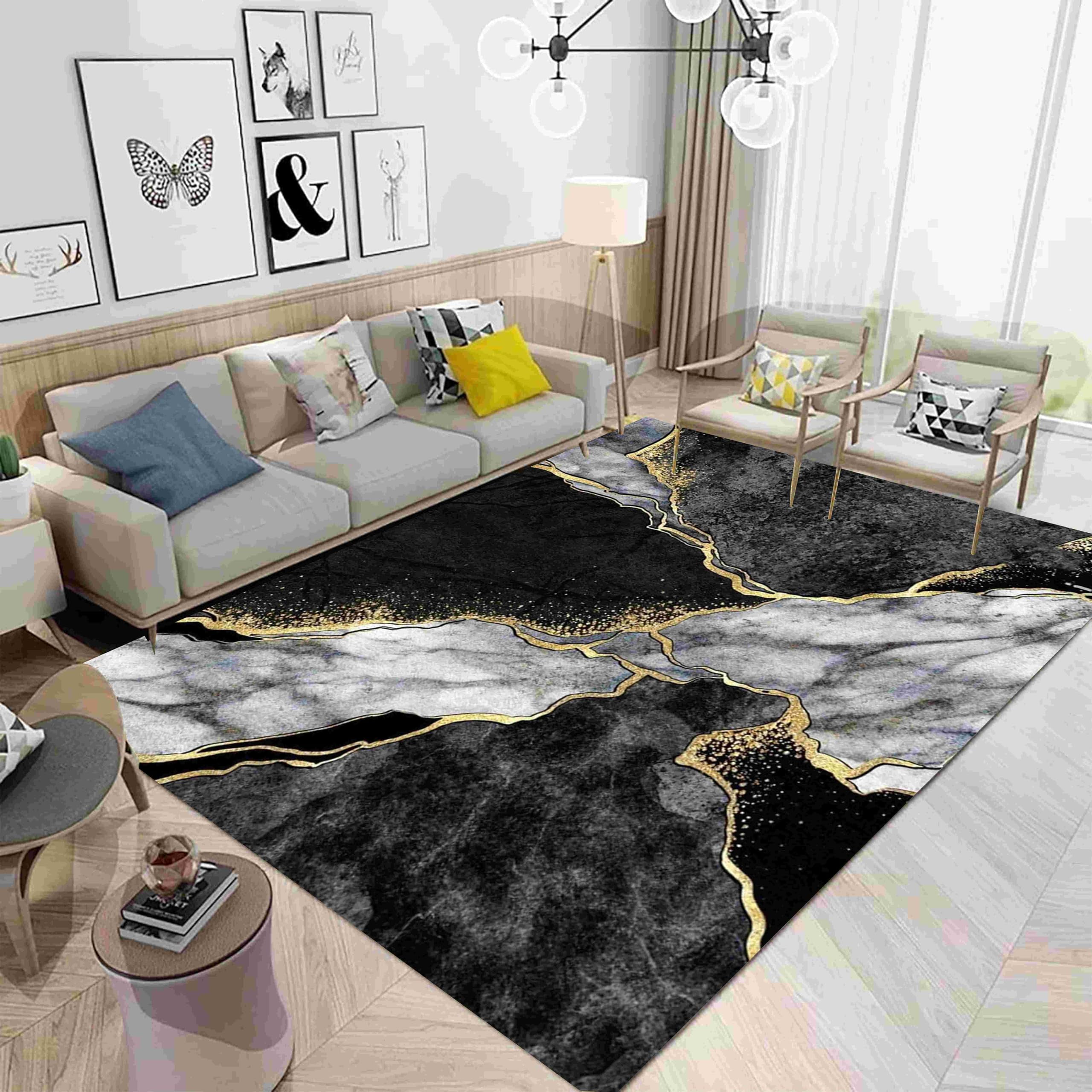 Black Gray Gold Marble Area Rug, Modern Abstract Aesthetic Area Rug ...