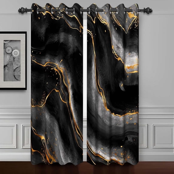 Black Gray Gold Marble Blackout Curtains, Abstract Marble Window Drapes ...