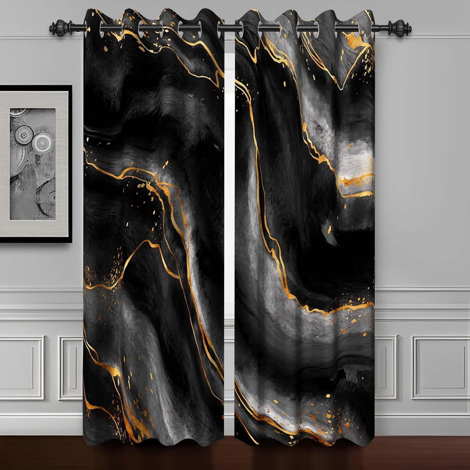 Black Gray Gold Marble Blackout Curtains, Abstract Marble Window Drapes ...