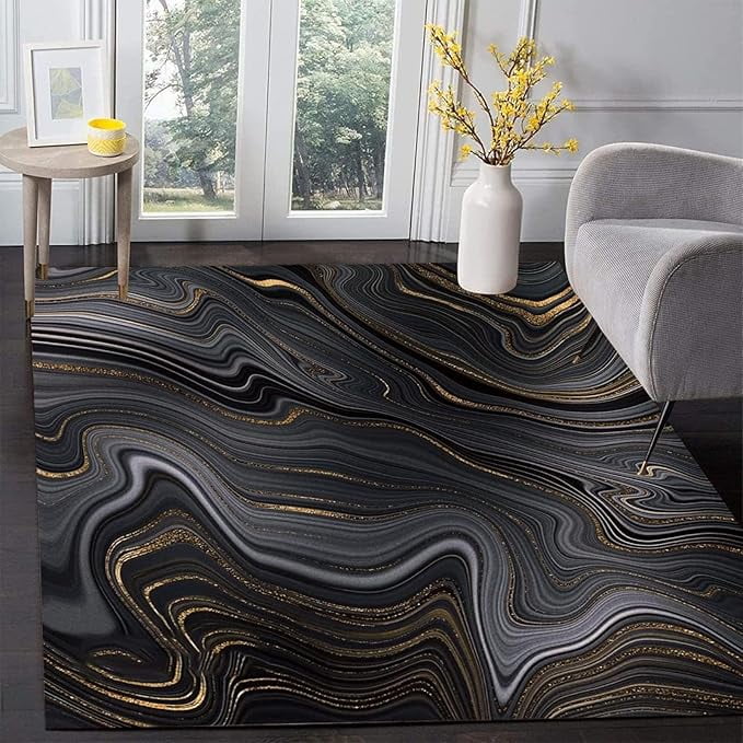 Black Gray Gold Marble Swirl Art Home Decor Rug, Luxury Retro Abstract ...