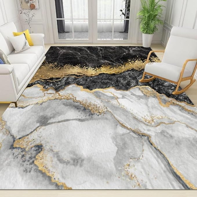 Black Gray Gold Marble Texture Area Rug, Retro Abstract Luxury Rug For ...
