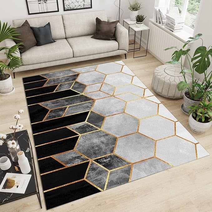 Black Gray Gradient Marble Texture Area Rugs, Abstract Gold Lines ...