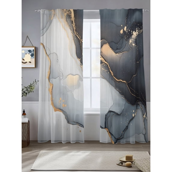 Black Gray Gradient Marble Texture Chiffon Sheer Curtains 84 Inches ...
