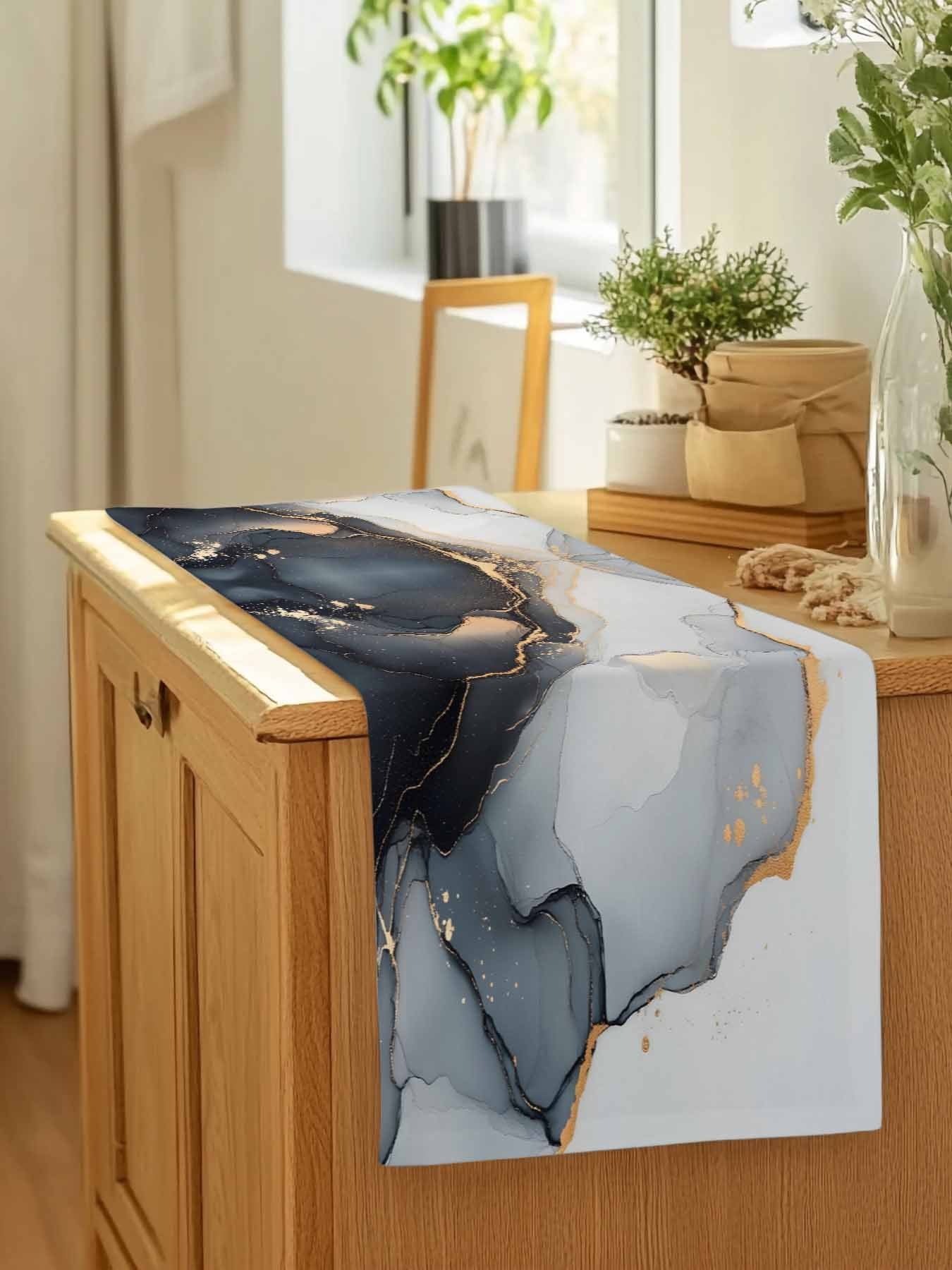 Black Gray Gradient Marble Texture Table Runner 13x90in Non-Slip Cotton ...