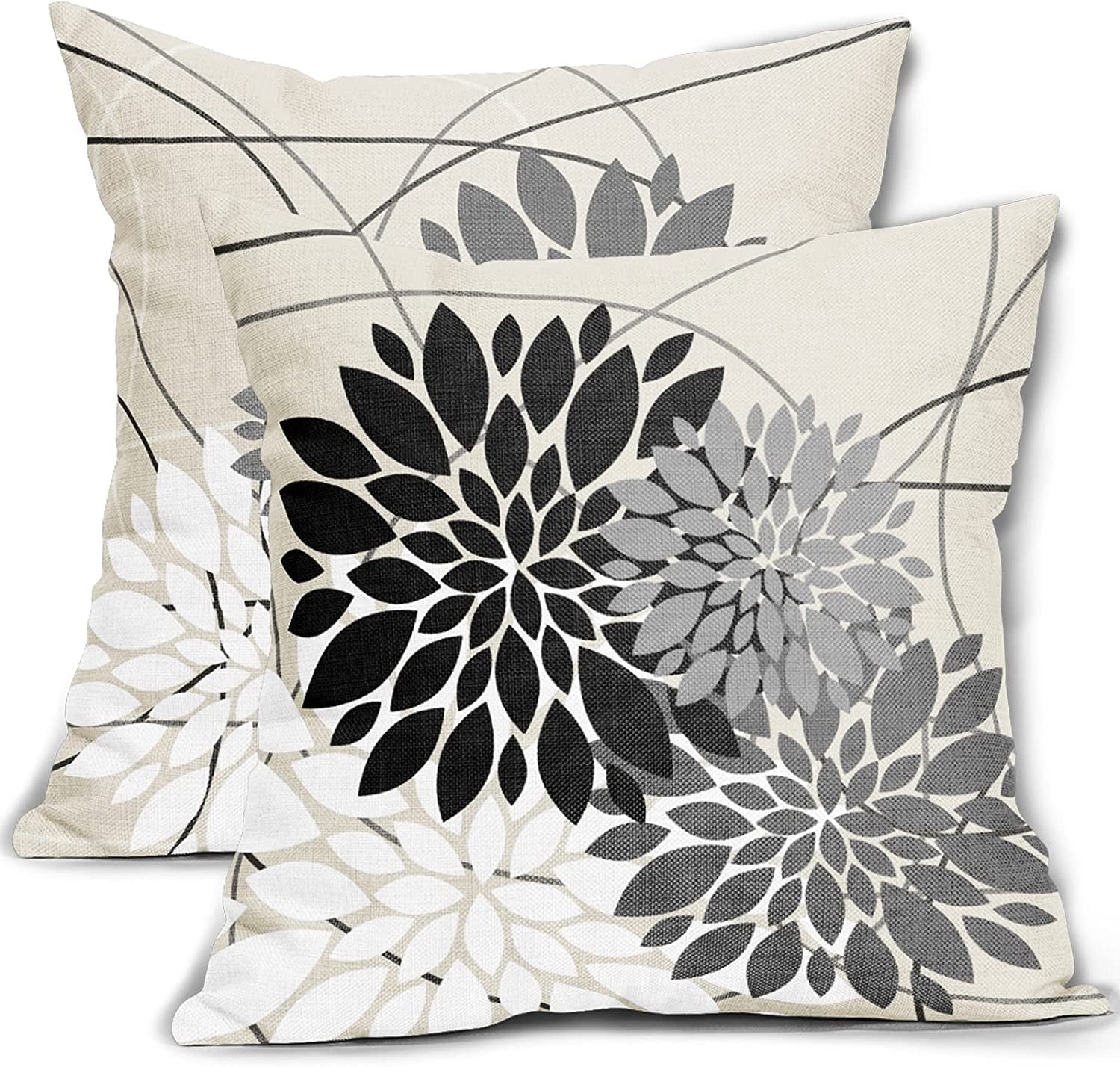 Black Gray Grey Pillow Covers 16x16 Inch Dahlia Flower Decorative Throw ...