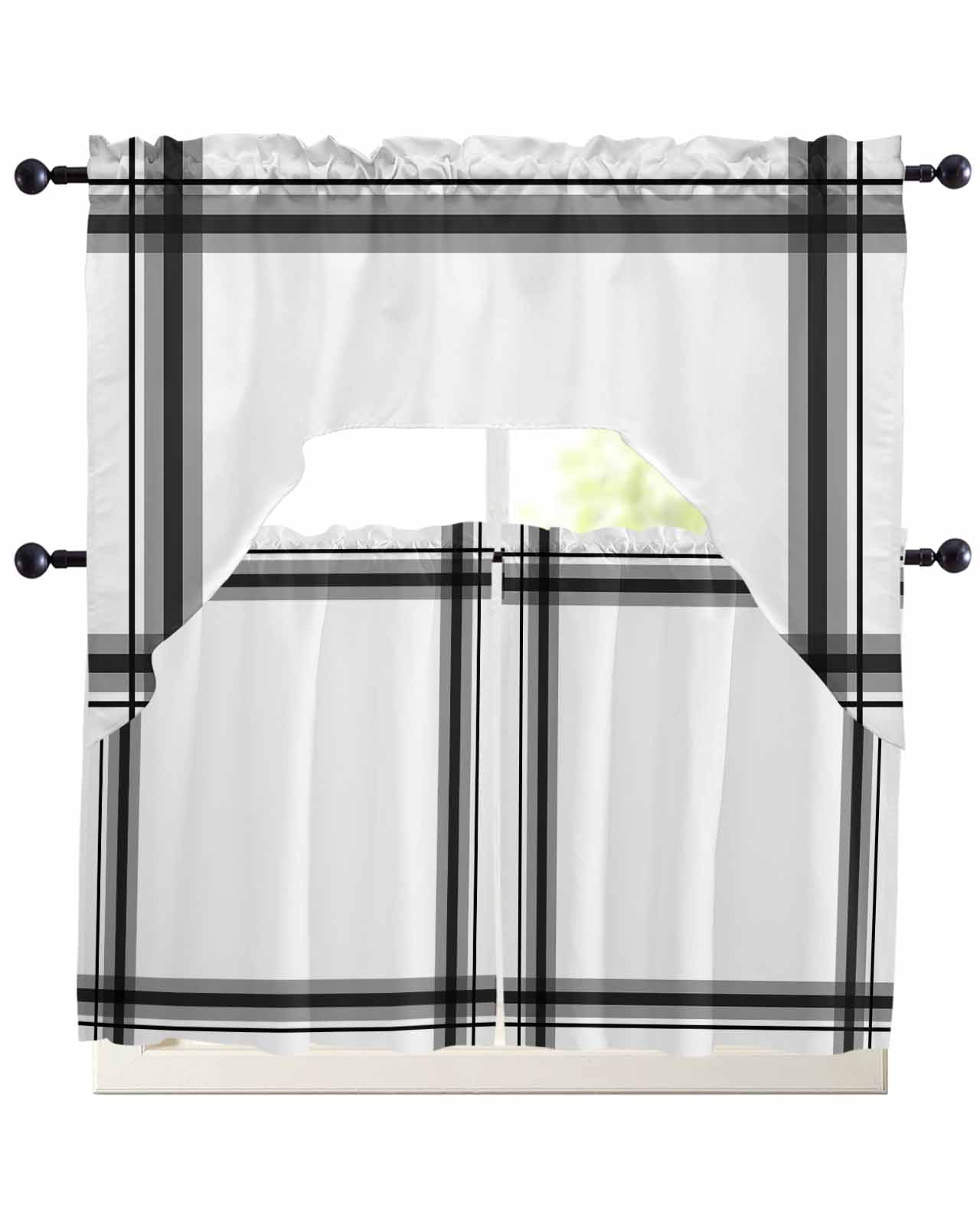 Black Gray Grid Kitchen Curtains Set for Windows 3 Piece Cafe Curtains ...