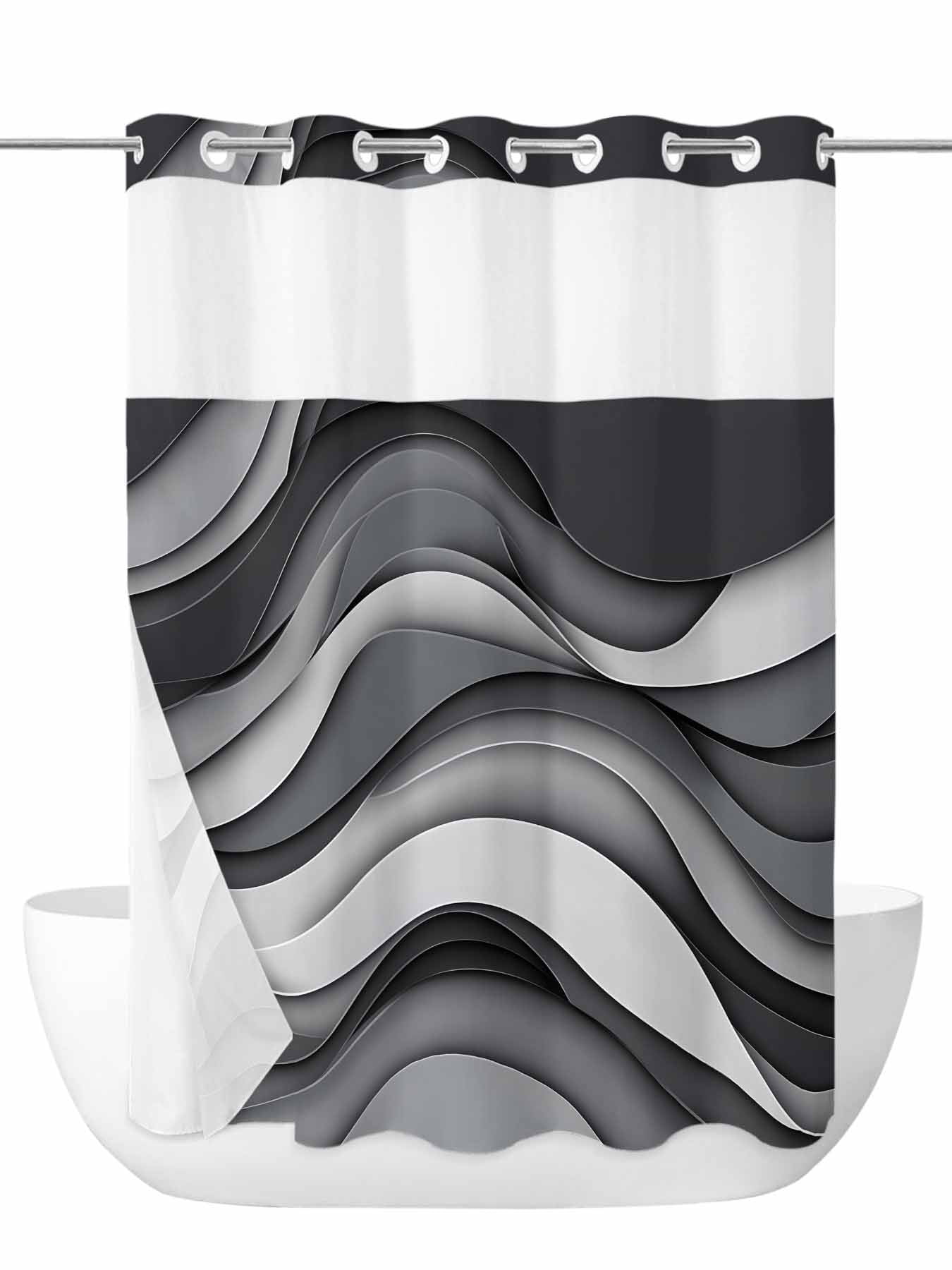Black Gray No Hook Shower Curtain and Liner Set Gradient Ocean Wave ...