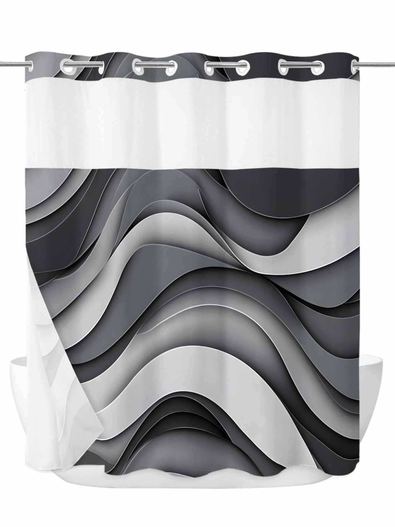 Black Gray No Hook Shower Curtain and Liner Set Gradient Ocean Wave ...