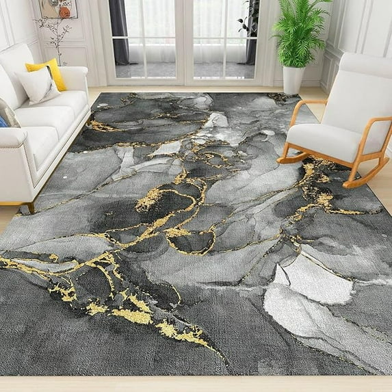 Black Gray Ink Marble Area Rug, Luxurious Golden Gilt Texture Living ...