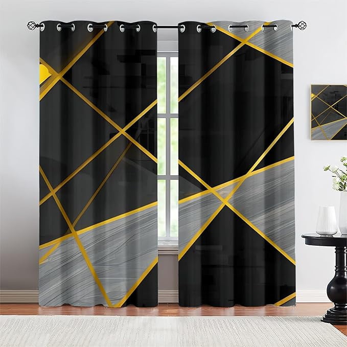 Black And Gray Irregular Geometry Blackout Curtains, Golden Luxury ...