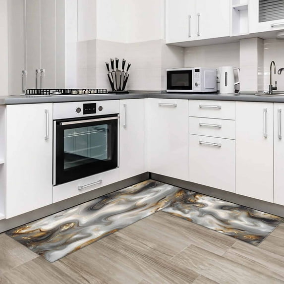 Black Gray Marble 2 Pieces Non-Slip Kitchen Mat Set Modern Abstract ...