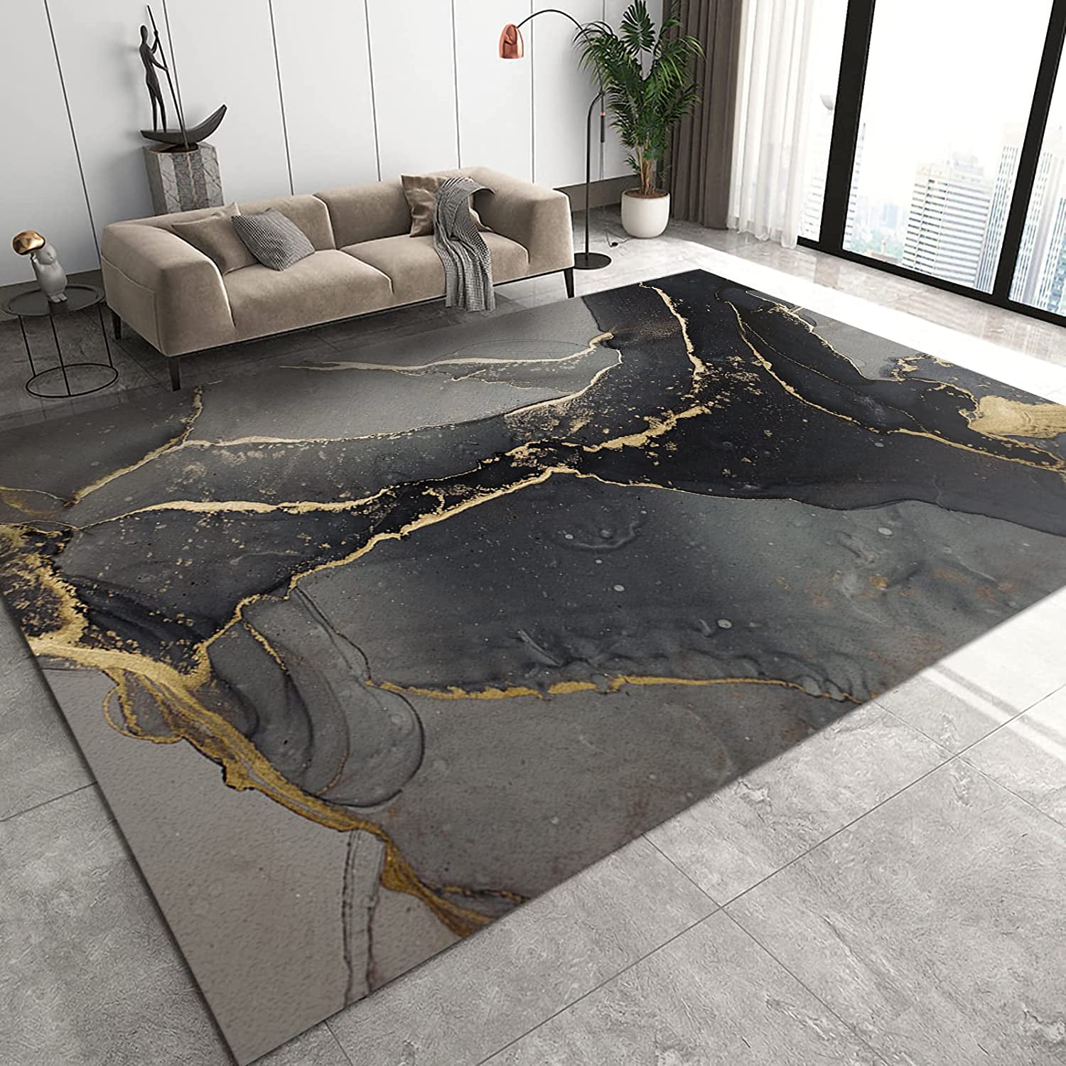 Black Gray Marble Area Rugs, Golden Trace Lines Entrance Carpet, 3D ...