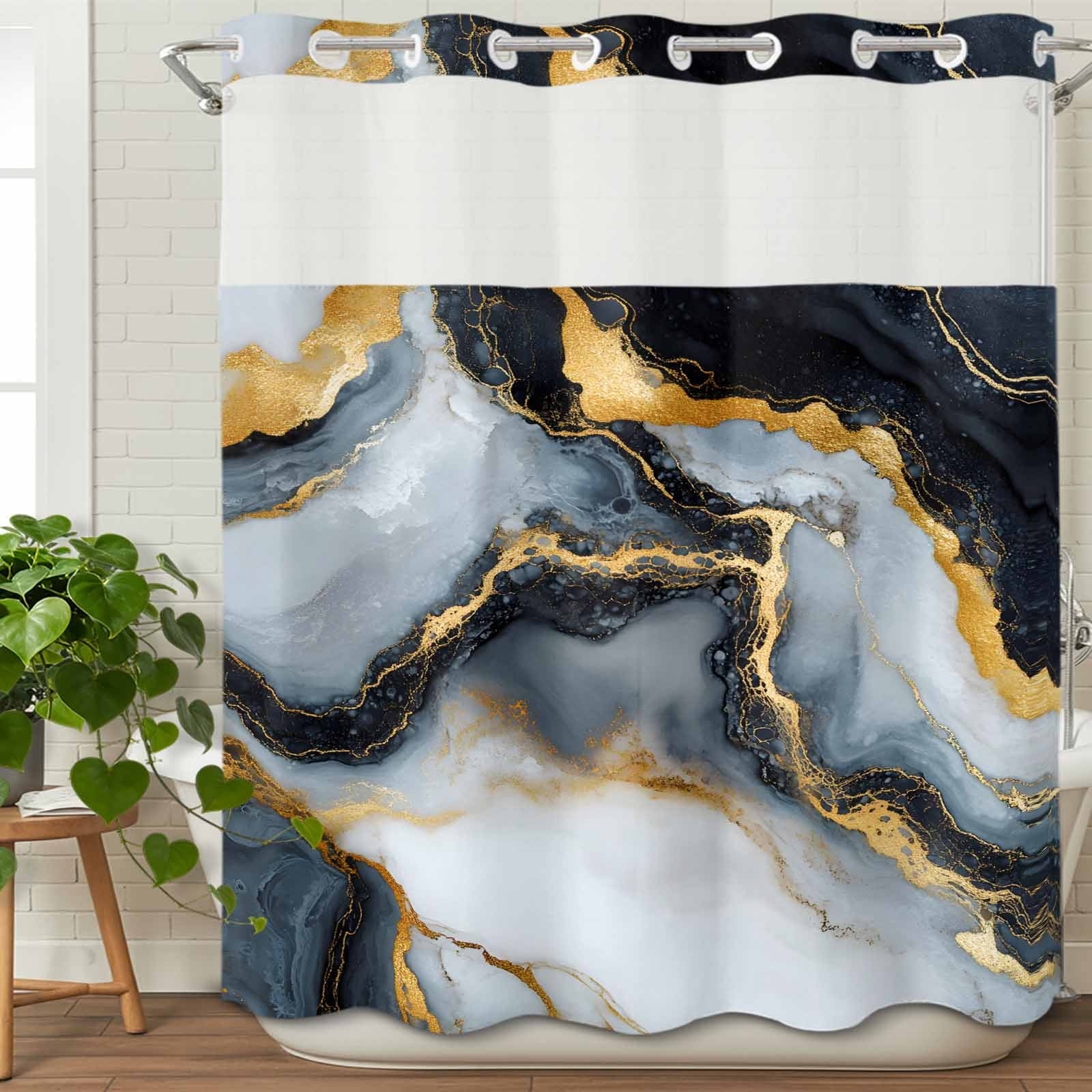 Black Gray Marble Gold Line No Hook Shower Curtain with Snap in Liner ...
