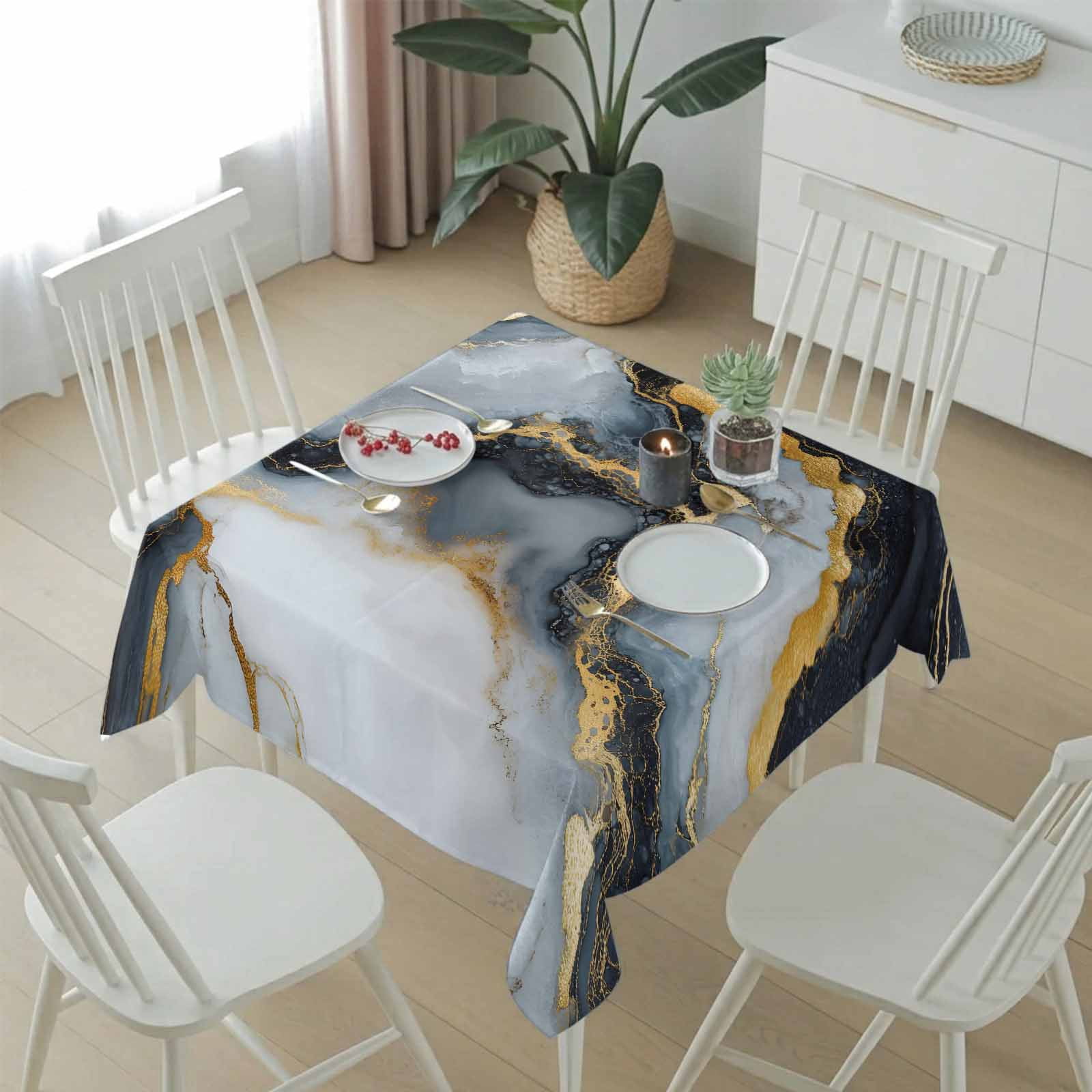 Black Gray Marble Gold Line Table Cloth 54x54in, Waterproof Square ...