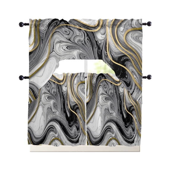 Black Gray Marble Kitchen Curtains Set for Windows 3 Piece Cafe ...