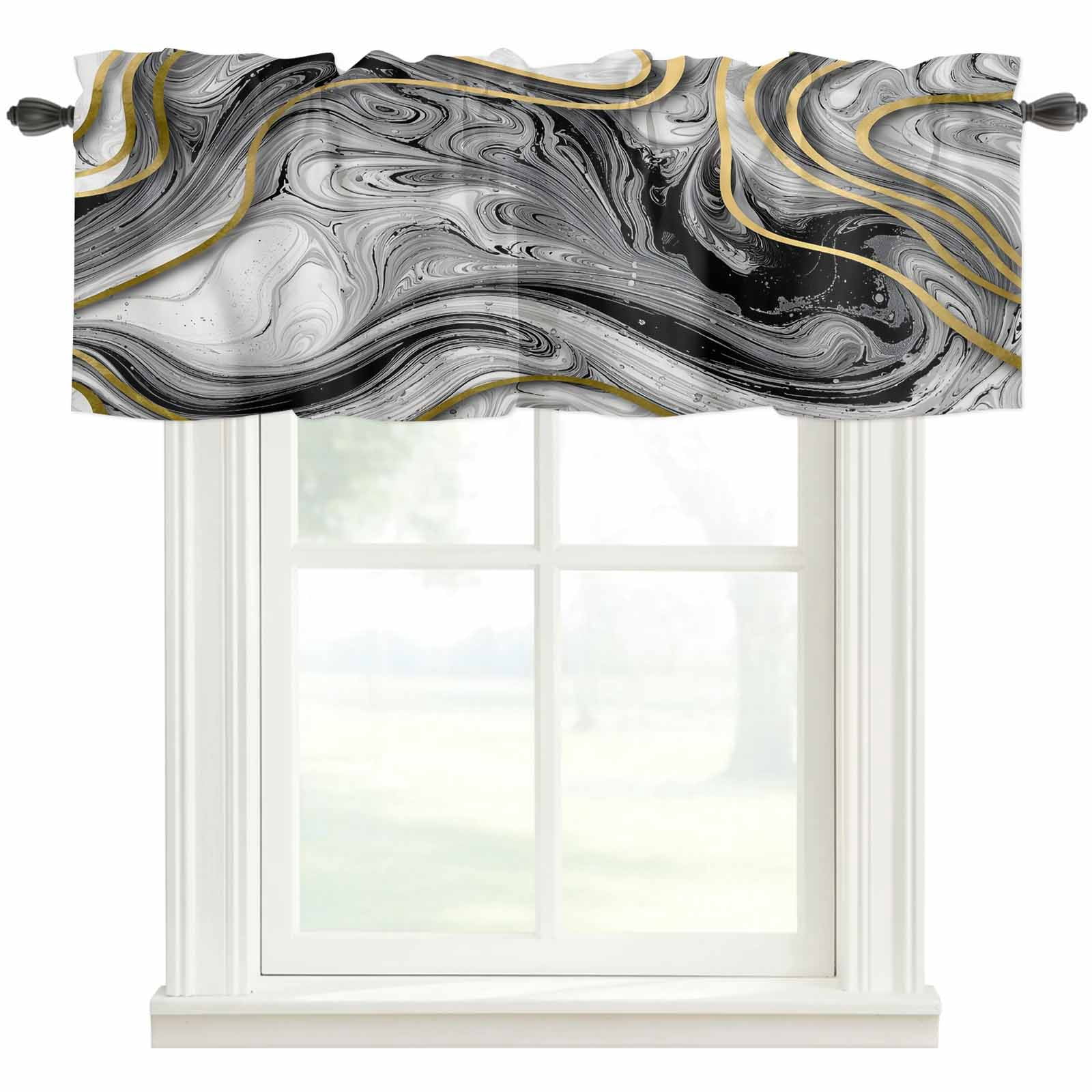 Black Gray Marble Rod Pocket Curtain Valance, Vintage Golden Abstract ...