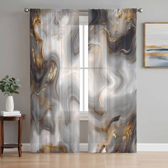 Black Gray Marble Sheer Curtains 63 Inch Length 2 Panels Set, Modern ...