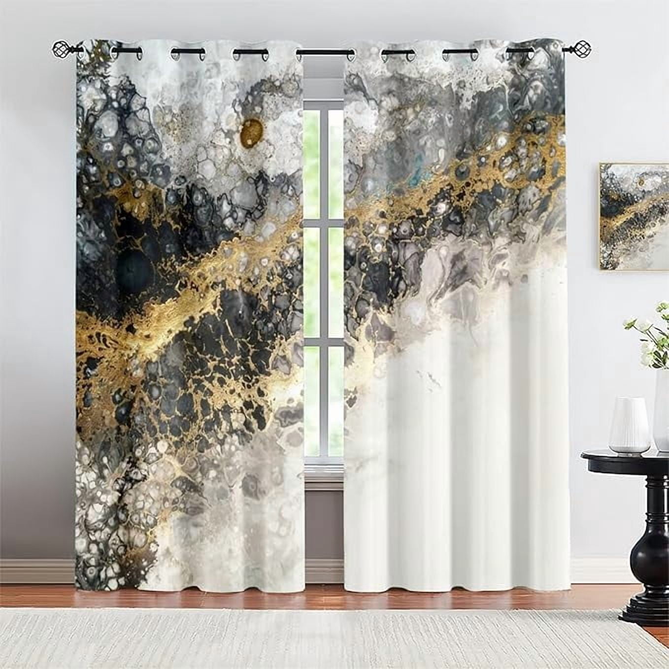 Black Gray Marble Texture Blackout Curtains, Luxurious Black Gold Ink ...
