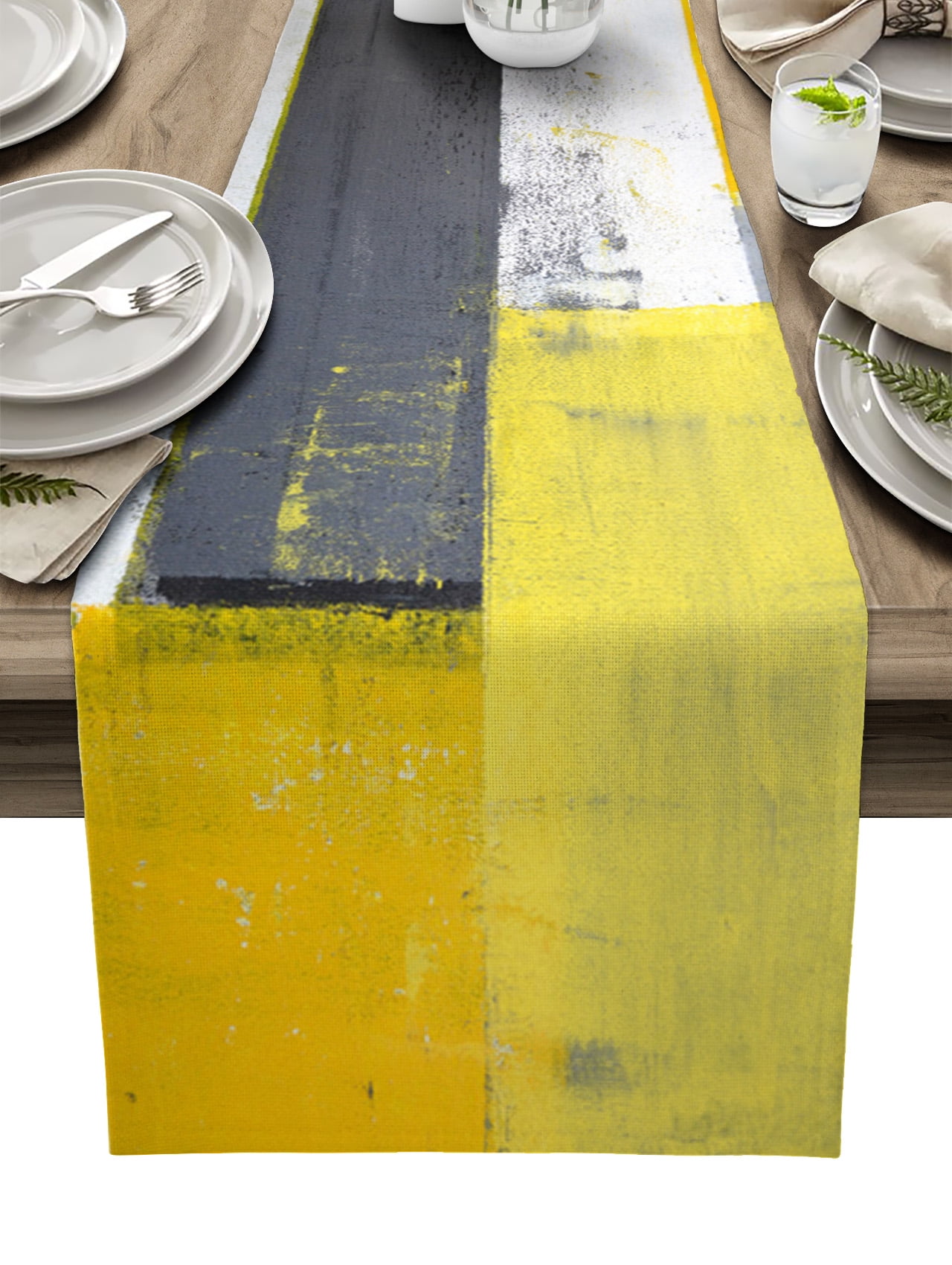 Black Gray Oil Painting Texture Paint Linen Table Runner Kitchen Table ...