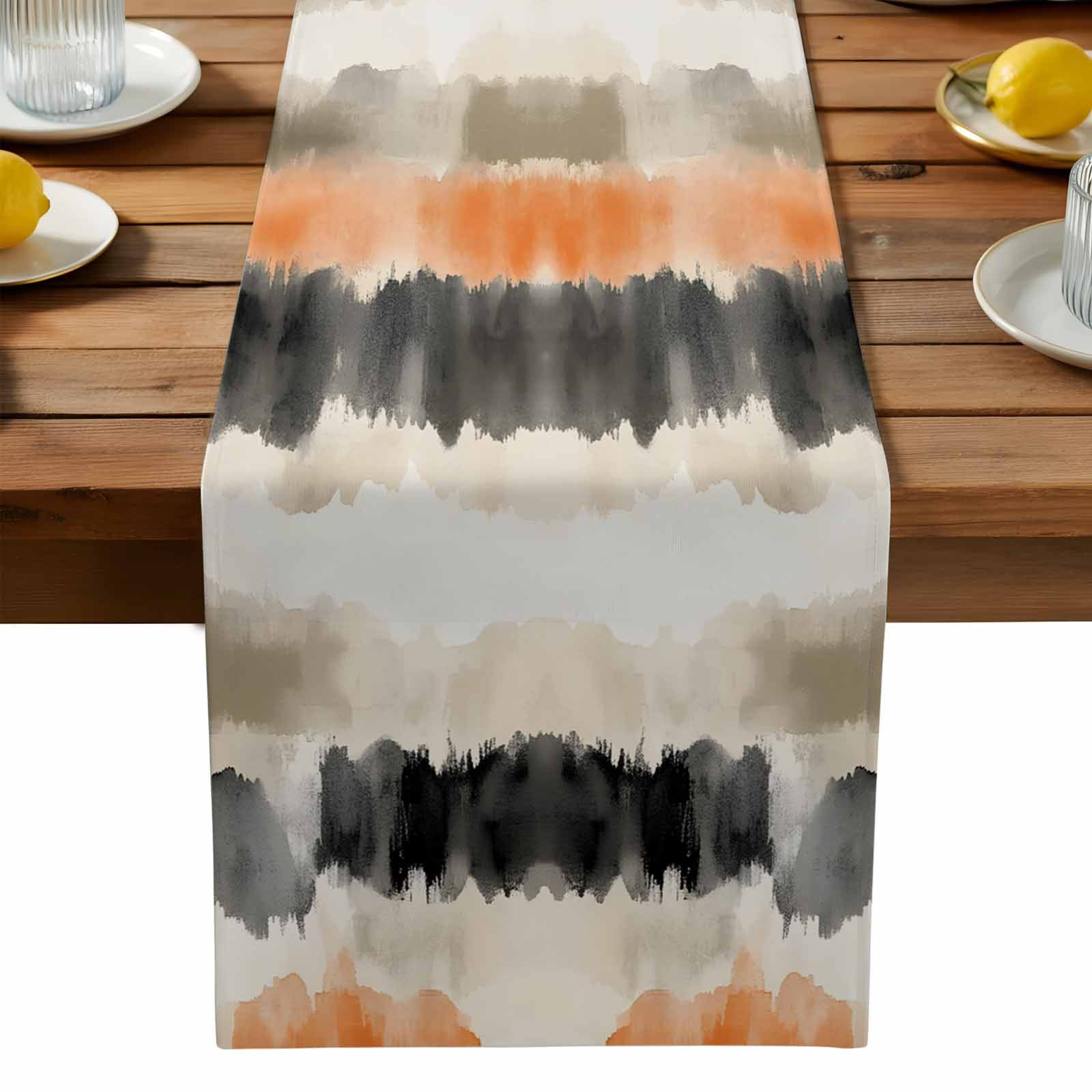 Black Gray Orange Stripes Table Runner, Modern Art Kitchen Table ...