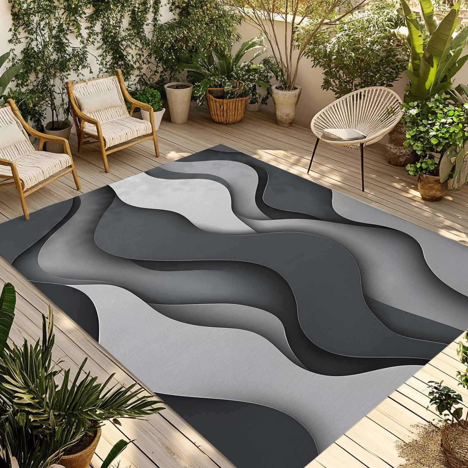 Black Gray Outdoor Rug, Ombre Ocean Wave Geometric Abstract Modern Non ...