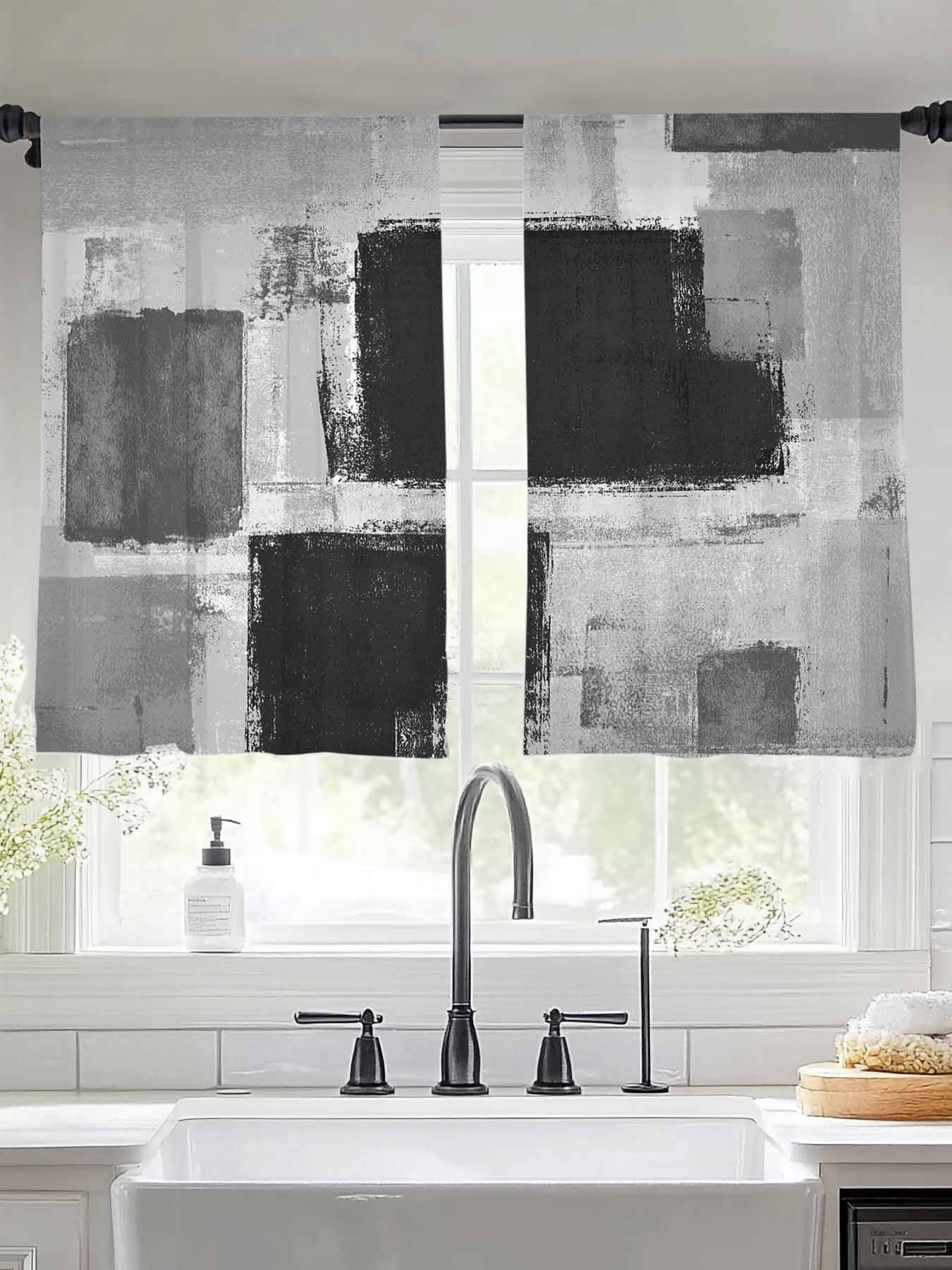 Black Gray Paint Sheer Curtains 54 Inches Long 2 Panels Abstract ...