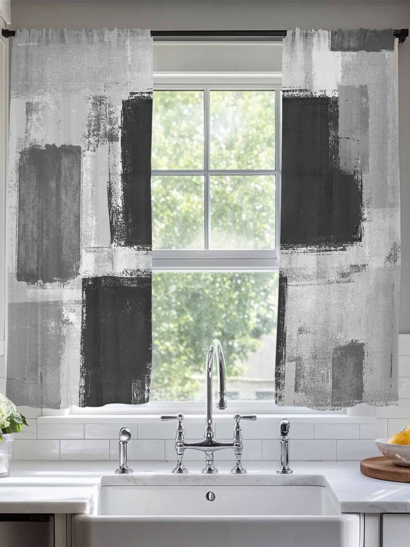 Black Gray Paint Sheer Curtains 72 Inches Long 2 Panels Abstract ...