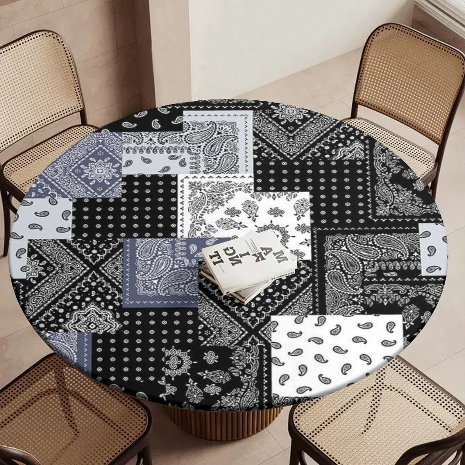 Black And Gray Paisley Bandana Round Table Cover Kitchen Printed ...