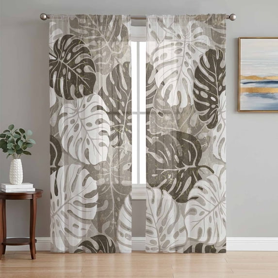 Black Gray Palm Leaves Sheer Curtains for Living Room Bedroom Summer ...