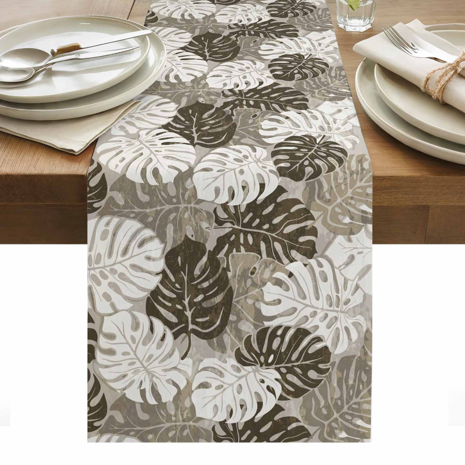 Black Gray Palm Leaves Table Runner Summer Tropical Botanical Retro ...