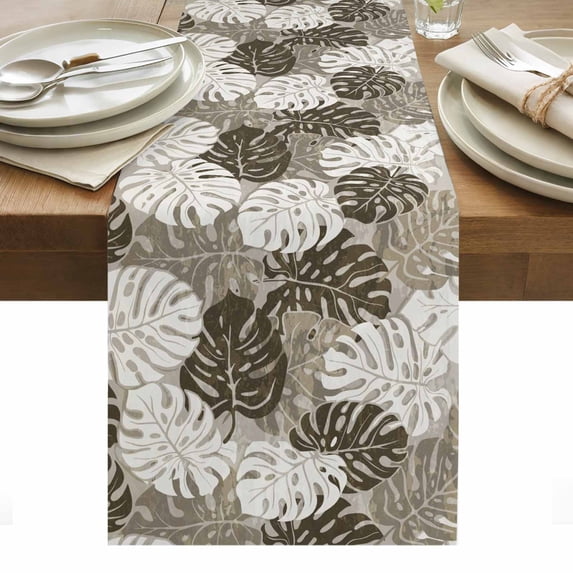 Black Gray Palm Leaves Table Runner Summer Tropical Botanical Retro ...