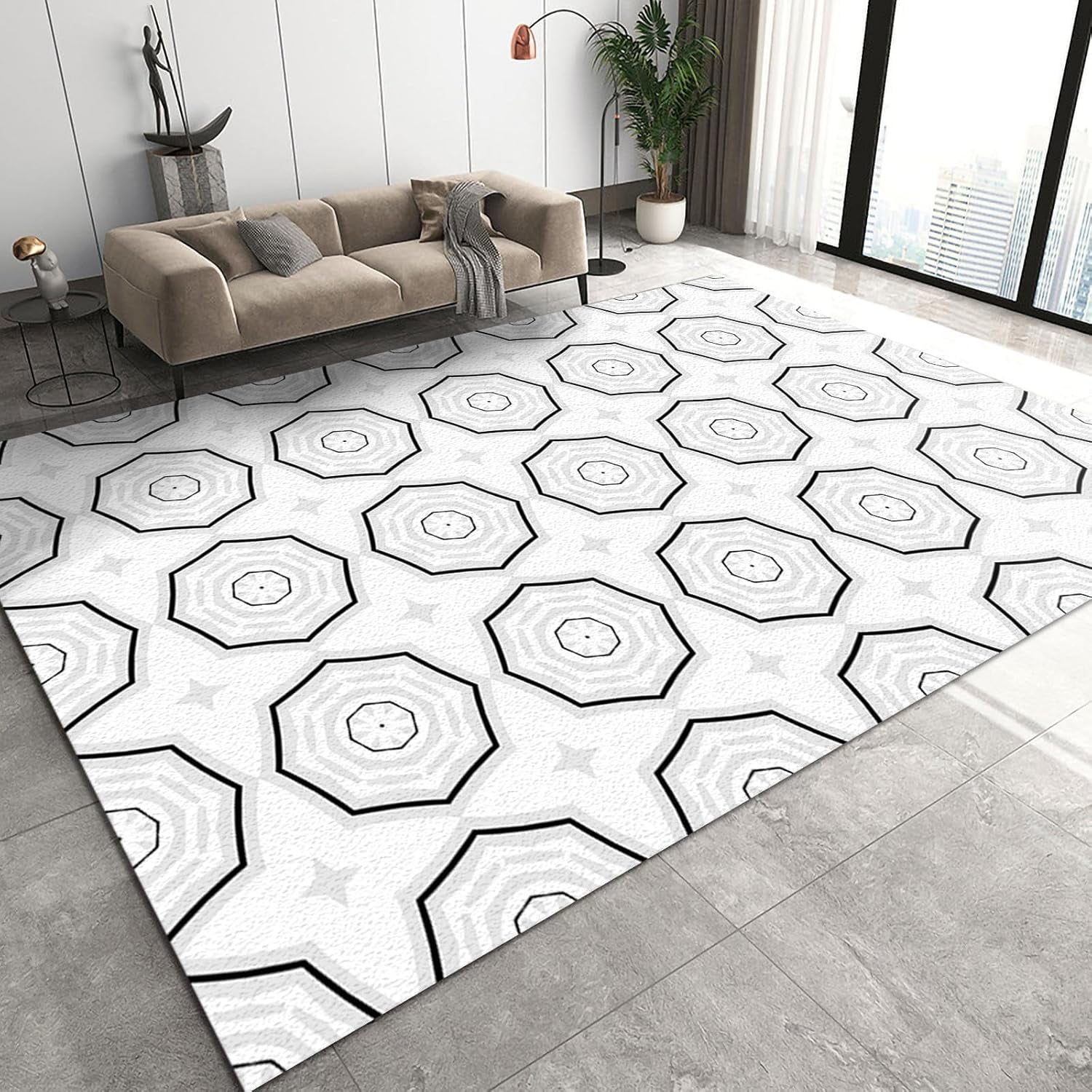 Black Gray Pattern Room Rug, Modern Simple Geometry Area Rug, Washable ...